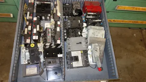 CONTENTS OF CABINET, ASSORTED ELECTRICAL MRO, BREAKERS, TEMPERATURE ...